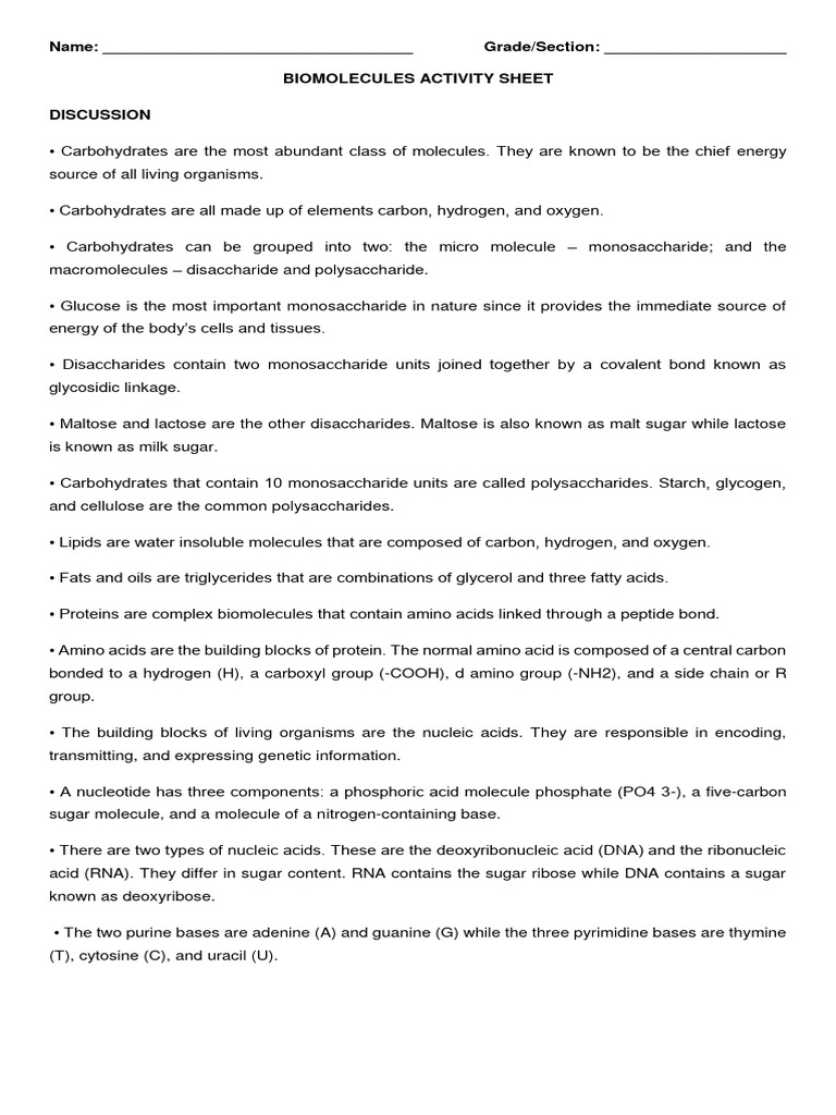 Biomolecules Activity Sheet | Download Free PDF | Biomolecules ...