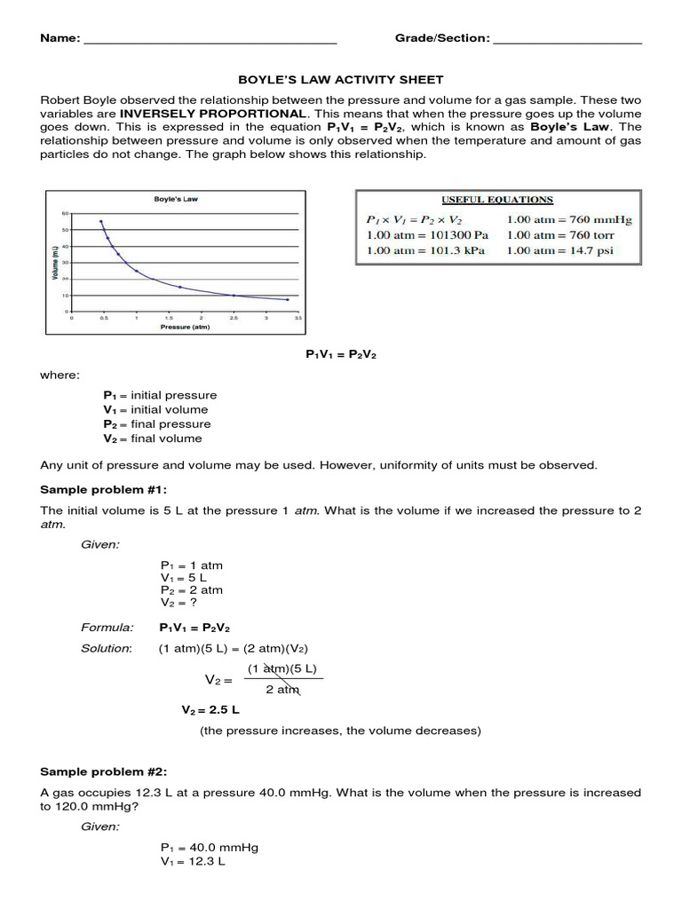 Boyle's Law Activity Worksheet | PDF | Gases | Pressure