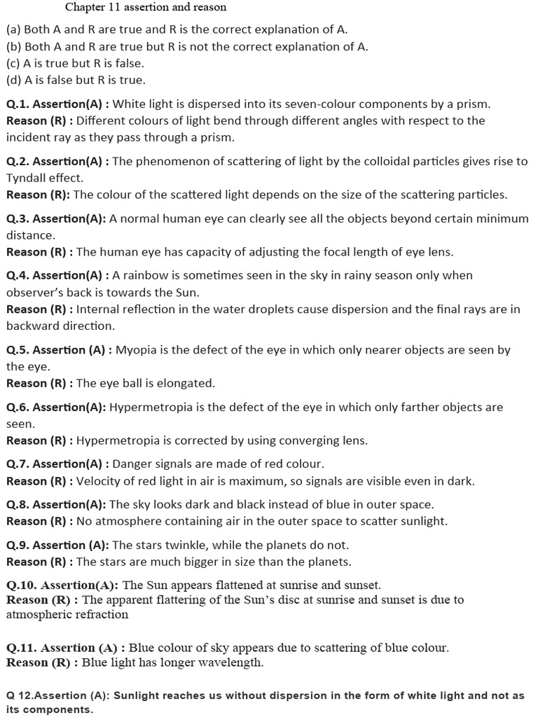 Chapter 11 Assertion and Reason | PDF | Mirror | Refractive Index