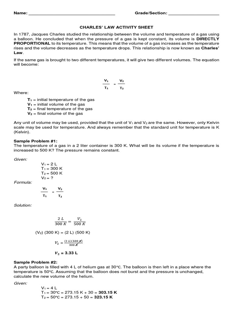 Charles' Law Activity Sheet | PDF | Gases | Temperature
