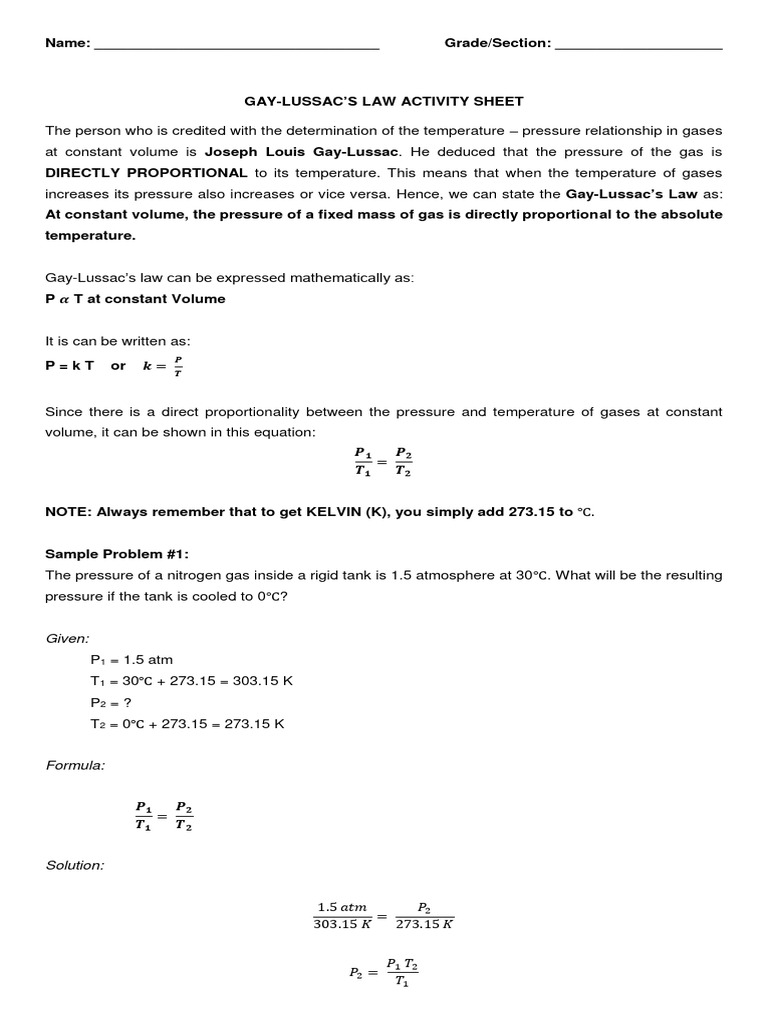 Gay-Lussac's Activity Sheet | PDF | Gases | Temperature
