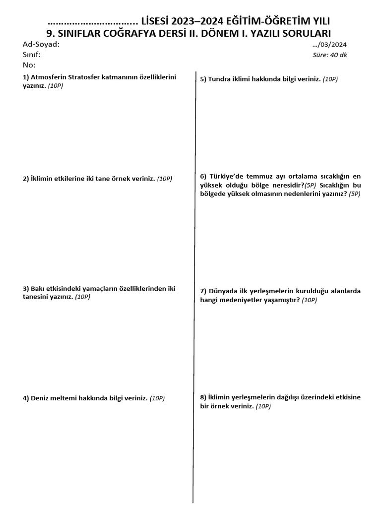 9 Sinif 2 Donem 1 Yazili 2023 2024 | PDF