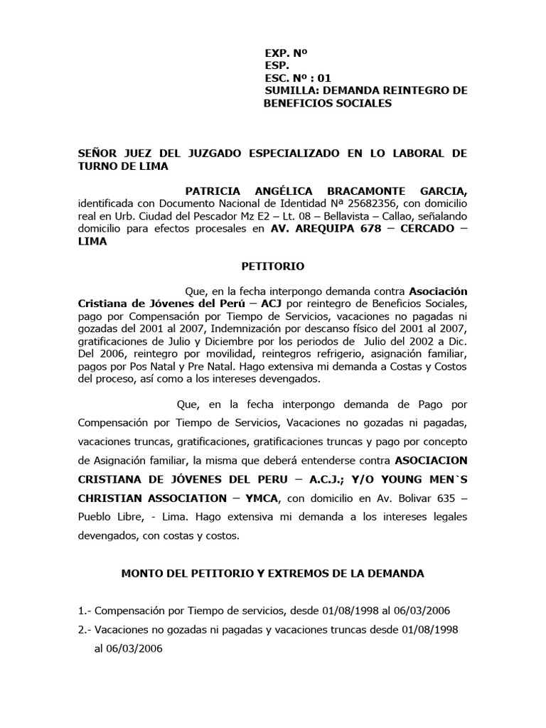 Demanda Reintegro de Beneficios Sociales | PDF | Salario | Derecho laboral