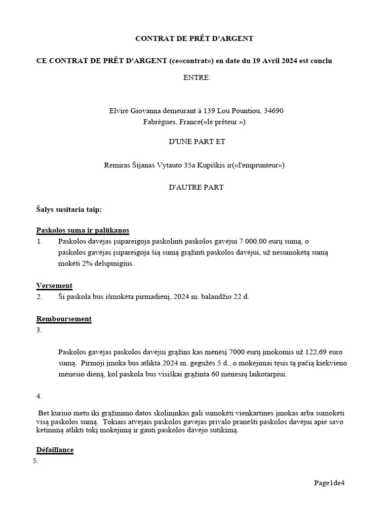 Contrat de Prêt D'argent 10 | PDF