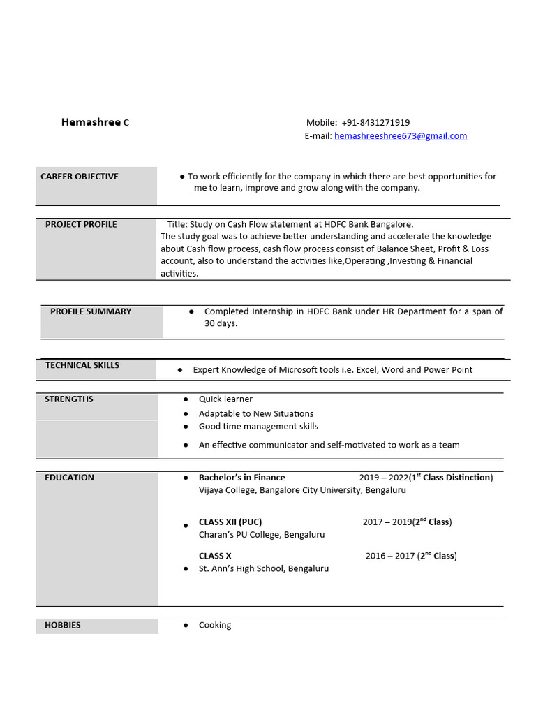 Hemashree C CV | Download Free PDF | Bangalore | Learning