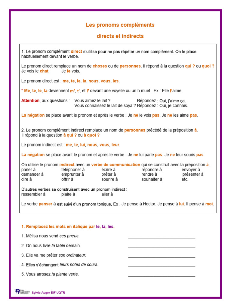 Exercices sur les pronoms compléments | PDF | Pronom | Verbe