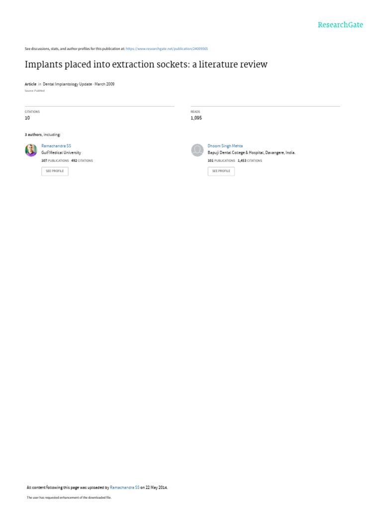 2009 - Implants Placed Into Extraction Sockets A Literature Review | PDF | Dental Implant ...