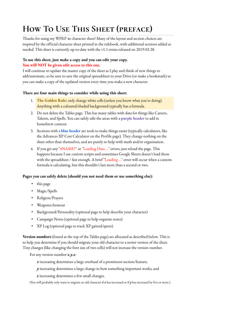 WFRP 4e Character Sheet | Download Free PDF | Spreadsheet