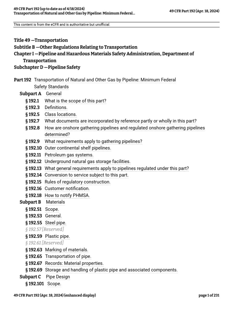 49 CFR Part 192 (Up To Date As of 4-18-2024) | PDF | Pipe (Fluid ...