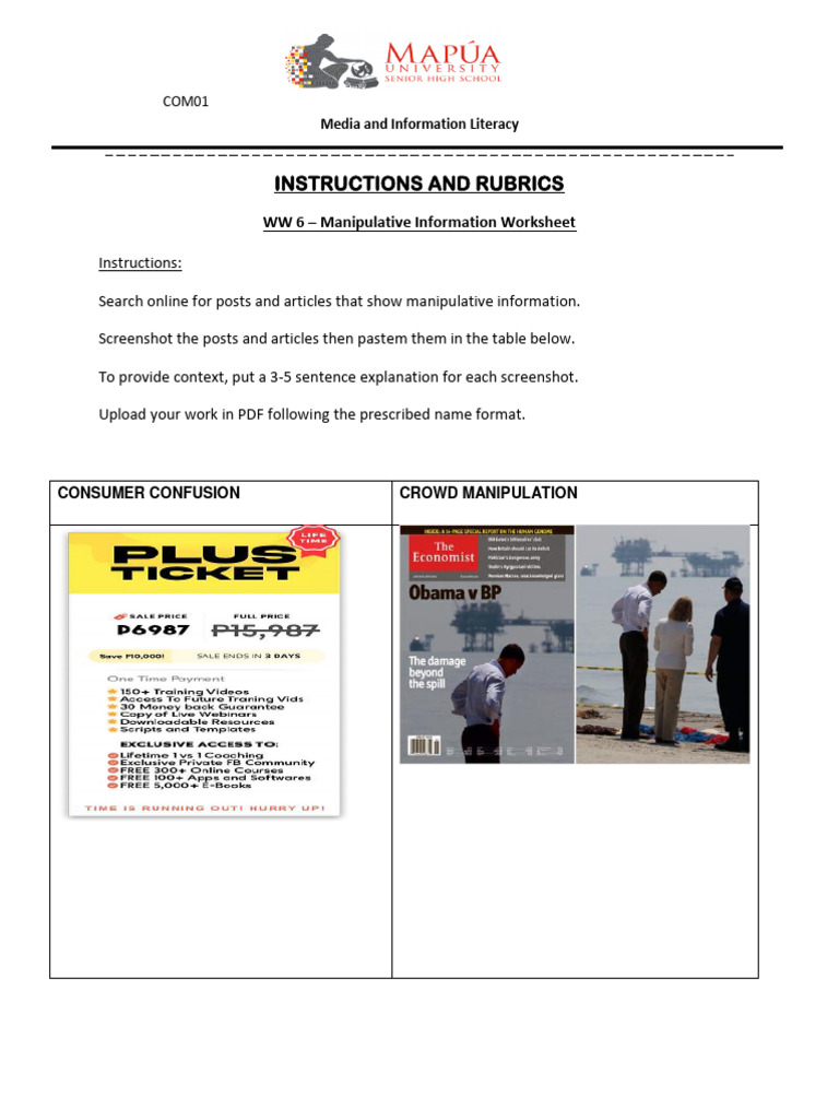 COM01 - WW6 - Manipulative Information Worksheet - Ilao | PDF | Media ...