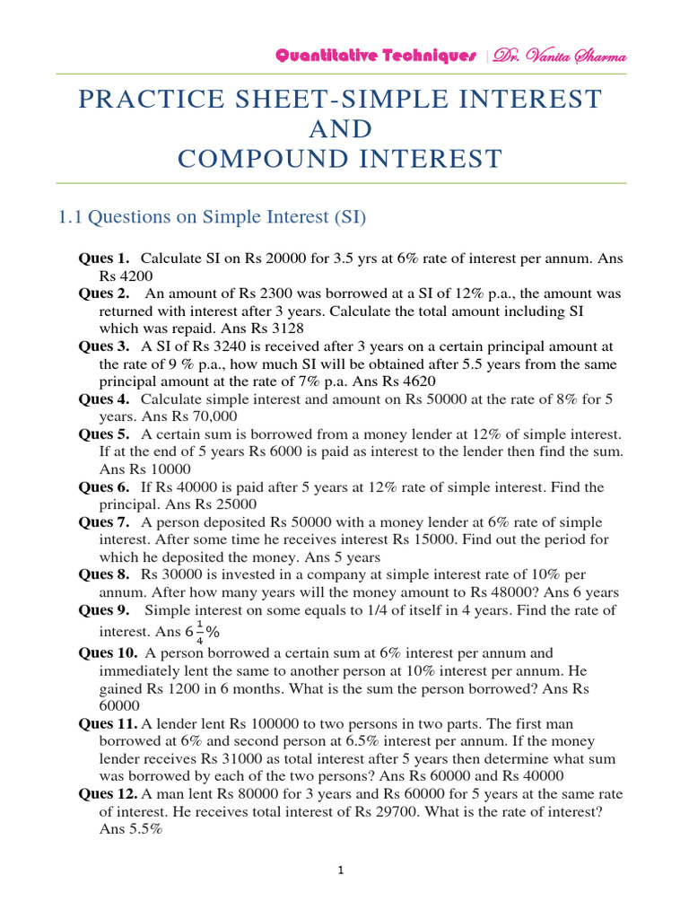 Practice Sheet-SI and CI | PDF | Interest | Compound Interest
