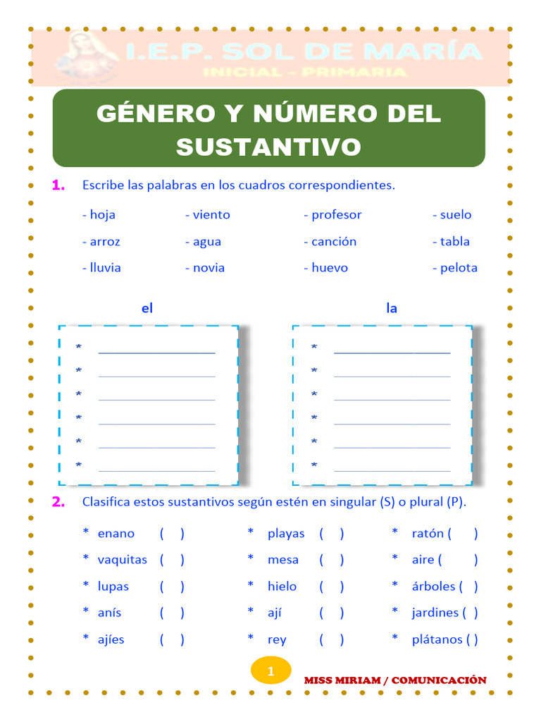 Comunicación - Ejercicios Género y Número Del Sustantivo (3ero de ...