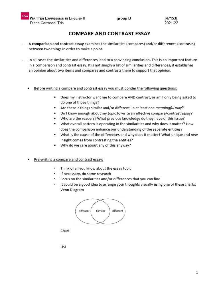 Written expression in EN II_compare and contrast essay_students | PDF ...