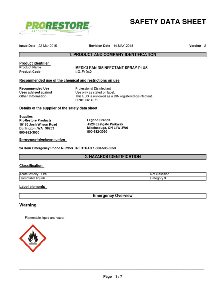 Mediclean Disinfectant Spray SDS | PDF | Occupational Safety And Health ...