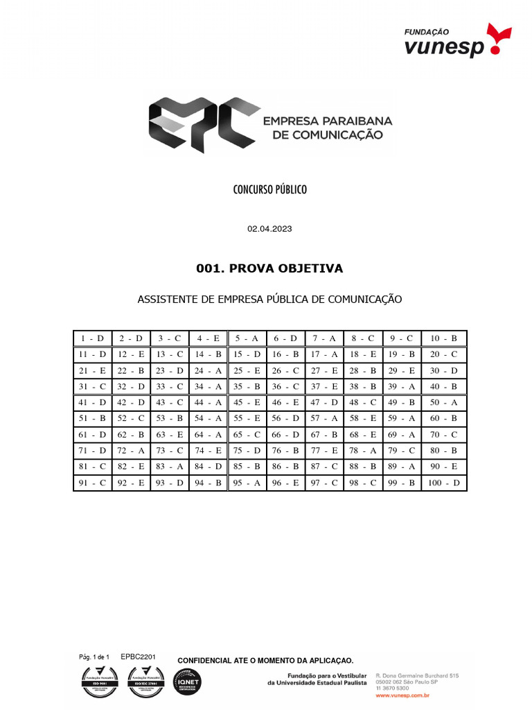 Vunesp 2023 Epc Assistente de Empresa Publica de Comunicacao Gabarito | PDF