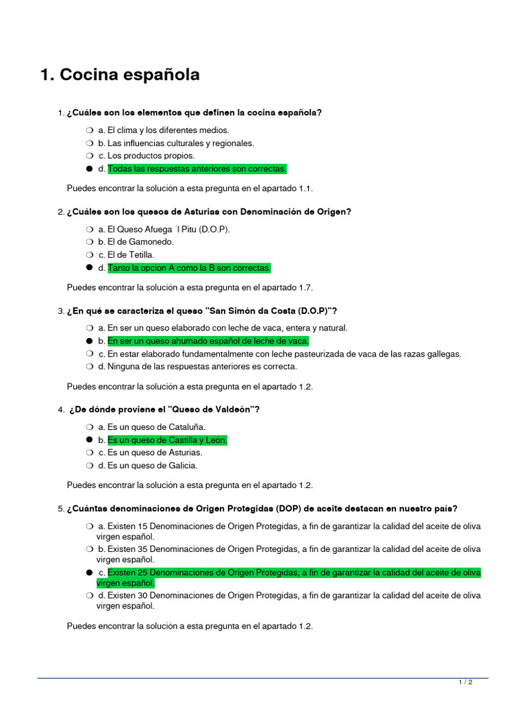 Respuestas Test 1 Cocina Española | PDF | Queso | Dieta mediterránea