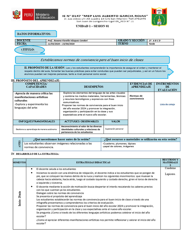 01 SESION - 1ro Secundaria | PDF | Maestros | Evaluación