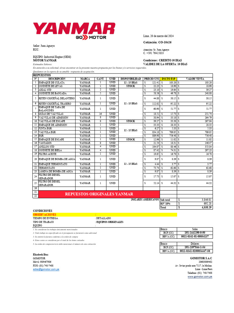 Cotizacion 10426, Repuestos Originales Yanmar | PDF