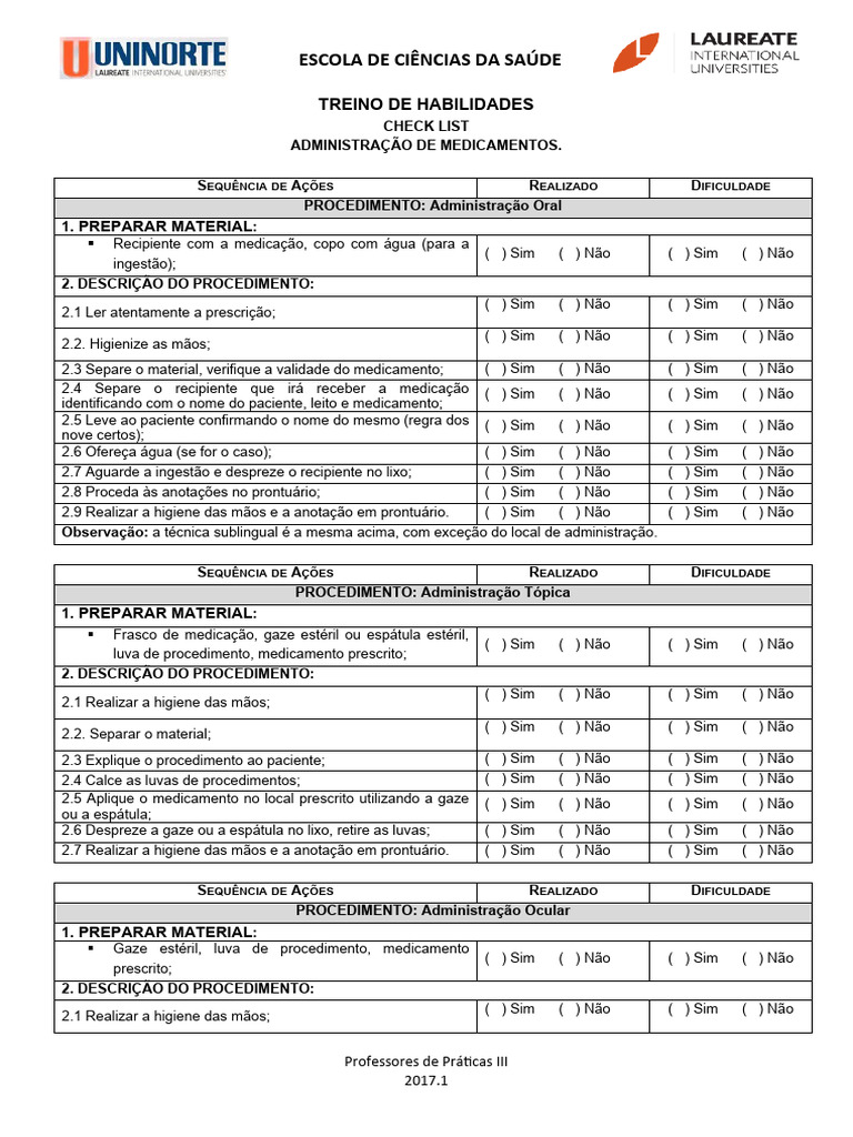 CHECK LIST Administracao de Medicamentos | PDF | Remédio