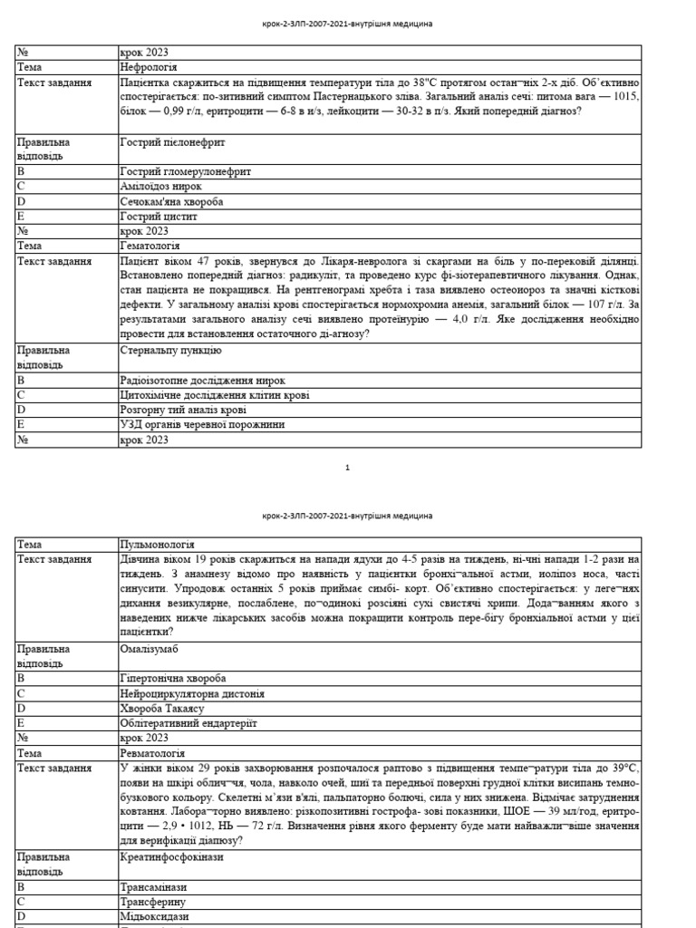 Materiali Z Bukletiv Testi KROK 2 ZLP 2007 2023 Vnutrishnja Medicina | PDF