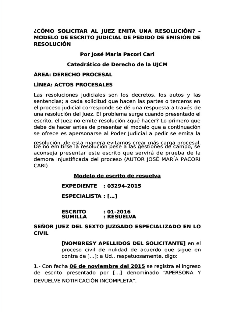 PDF Como Solicitar Al Juez Emita Una Resolucion Modelo de Escrito ...