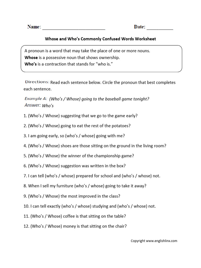 Whose and Who's Worksheet | PDF