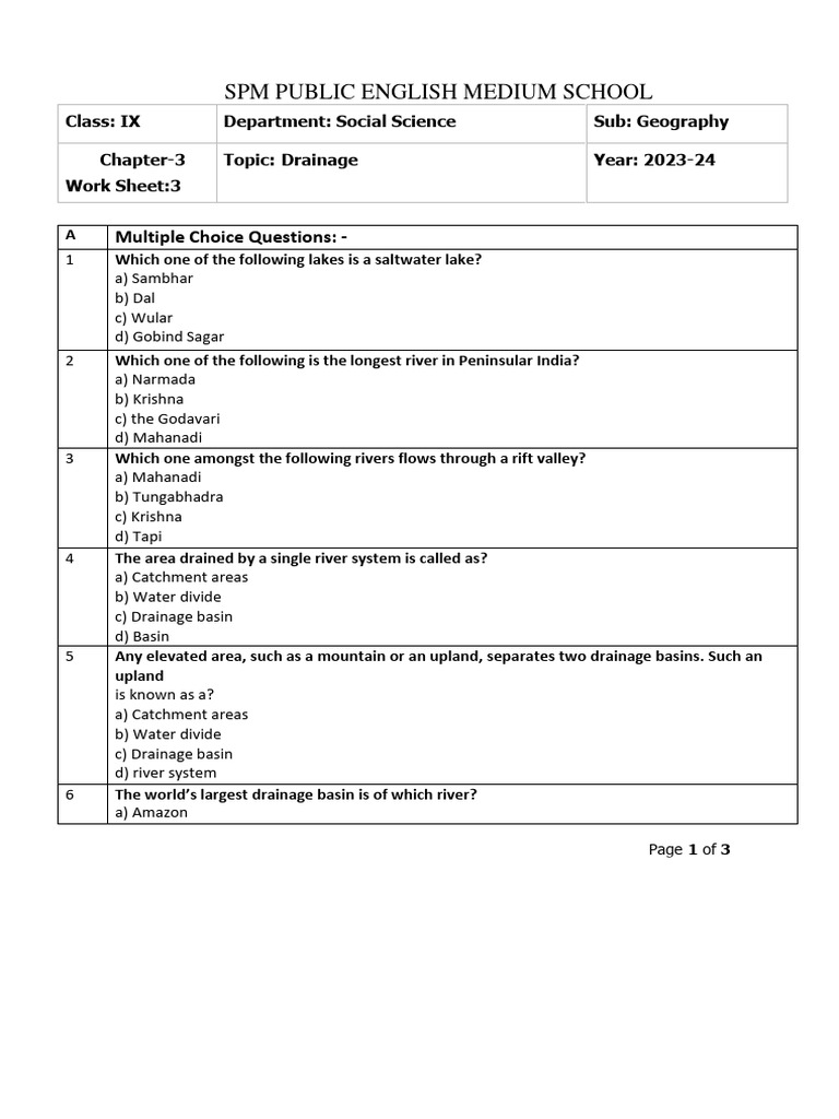 Class - IX Drainage Worksheet | PDF | Himalayas | River