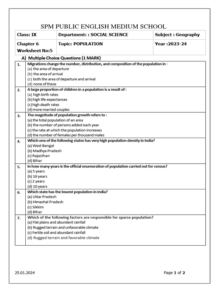 Class .IX Worksheet Population 2023-24 | PDF | Earth Sciences