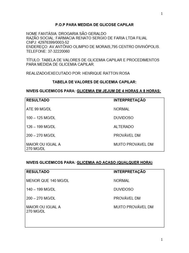 Pop e Tabela de Valores de Glicemia Capilar | Download grátis PDF ...