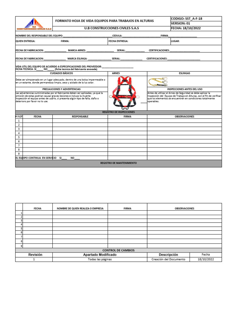 SST - A-F-18 Formato Hoja de Vida Equipos Alturas | PDF