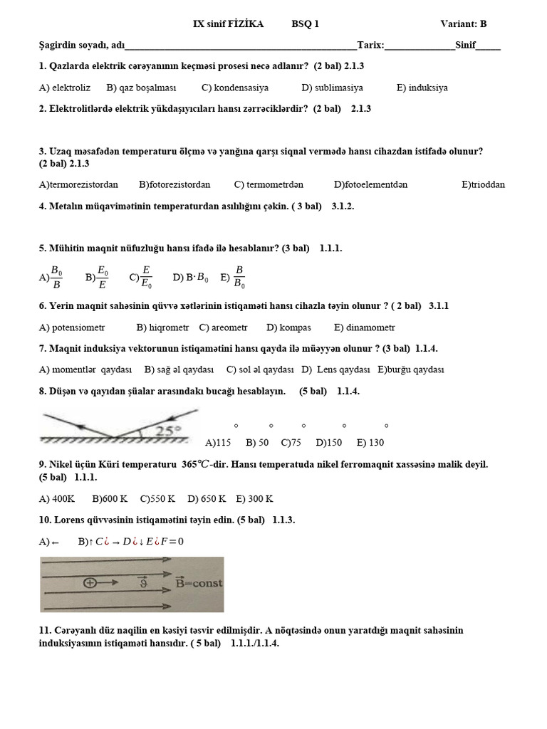 IX Sinif FİZİKA BSQ 1 | PDF