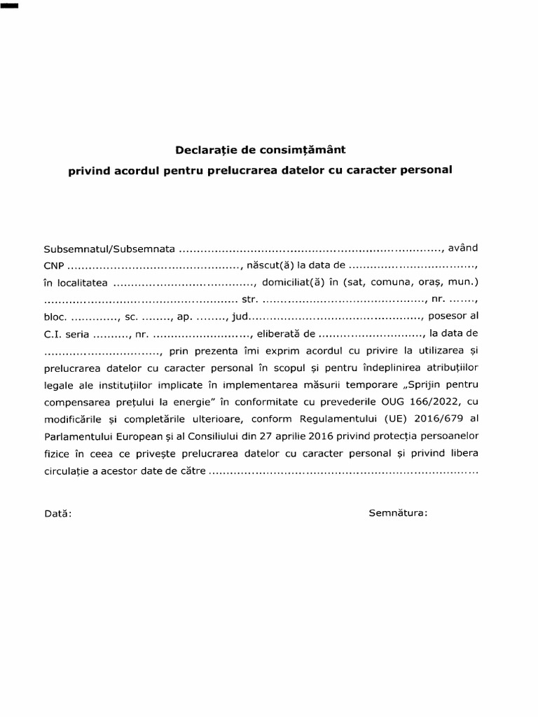 Declaratie de Consimtamant Prelucrarea Datelor | PDF