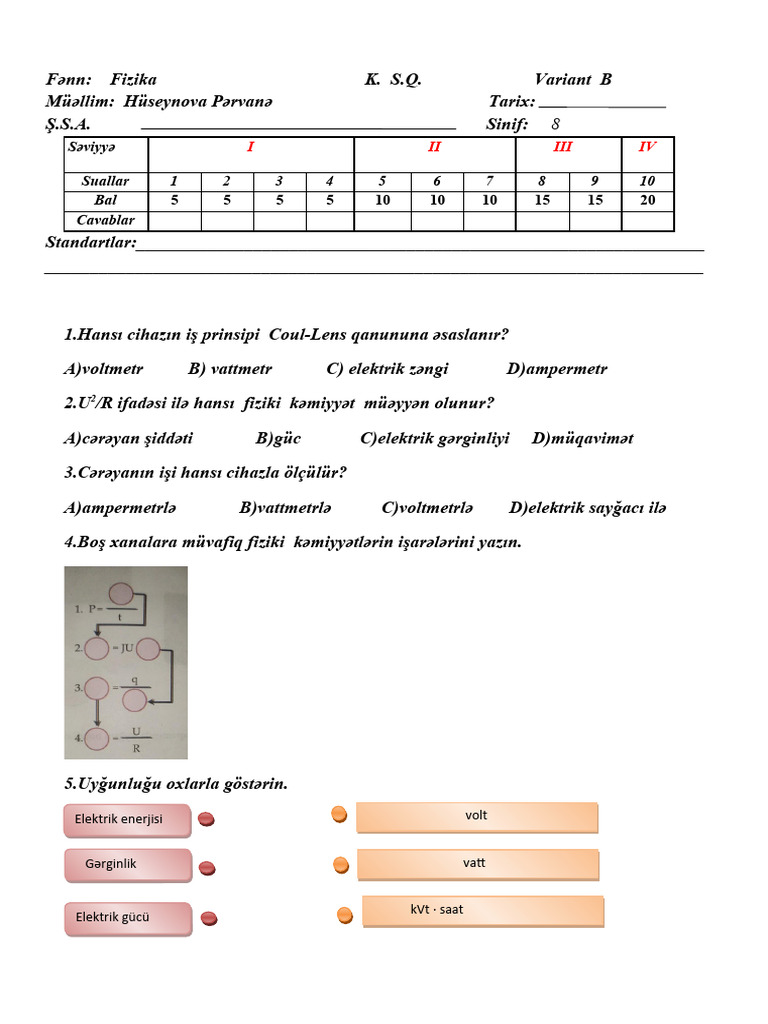 8 Sinif KSQ 6 Variant B Fizika ........... | PDF