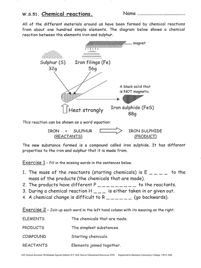 Chemical Reactions Worksheets | PDF