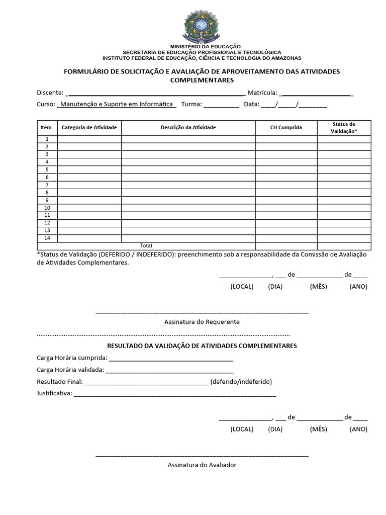 Formulario de Solicitacao e Avaliacao de Aproveit. Das Ativ. Complem | PDF
