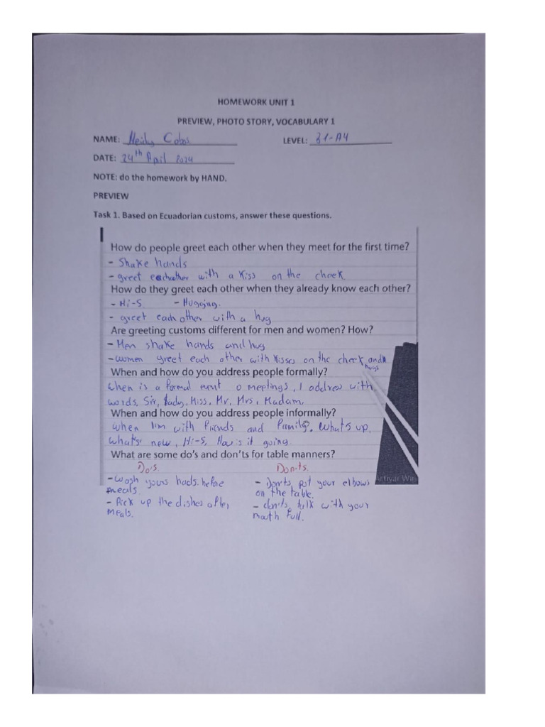 HOMEWORK Unit 1 Preview, Photo Story, Vocabulary 1 | PDF