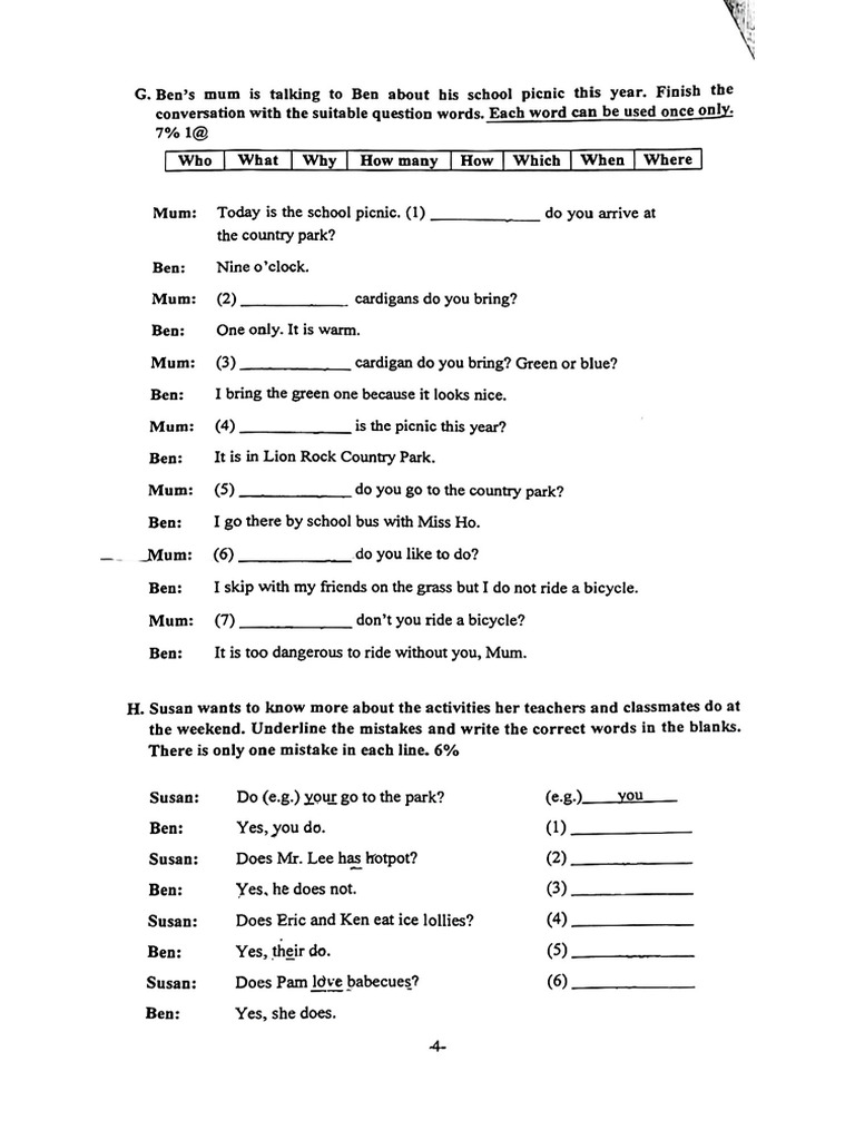 P1 - 英文 - Exercises (Question Words) (1 page) | PDF