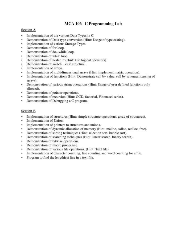 MCA 106 C Programming Lab | PDF