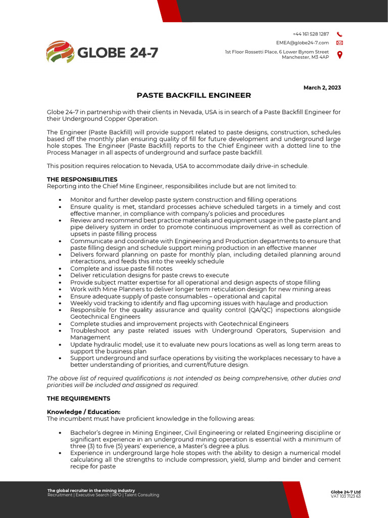 Paste Backfill Engineer Wanted | PDF | Mining | Engineering