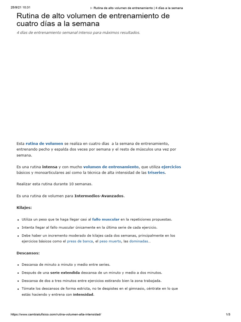 Rutina de alto volumen de entrenamiento _ 4 días a la semana | PDF | Ejercicio físico | Aptitud ...