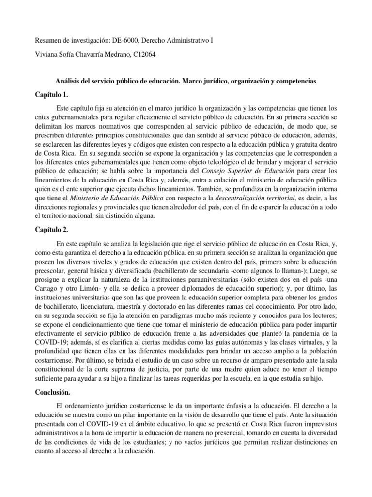 Análisis Del Servicio Público de Educación. Marco Jurídico, Organización y Competencias. RESUMEN ...