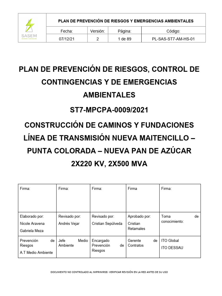 Pl-Sas-St7-Am-Hs-01 Plan de Prevención de Riesgos y Emergias Amb | PDF ...