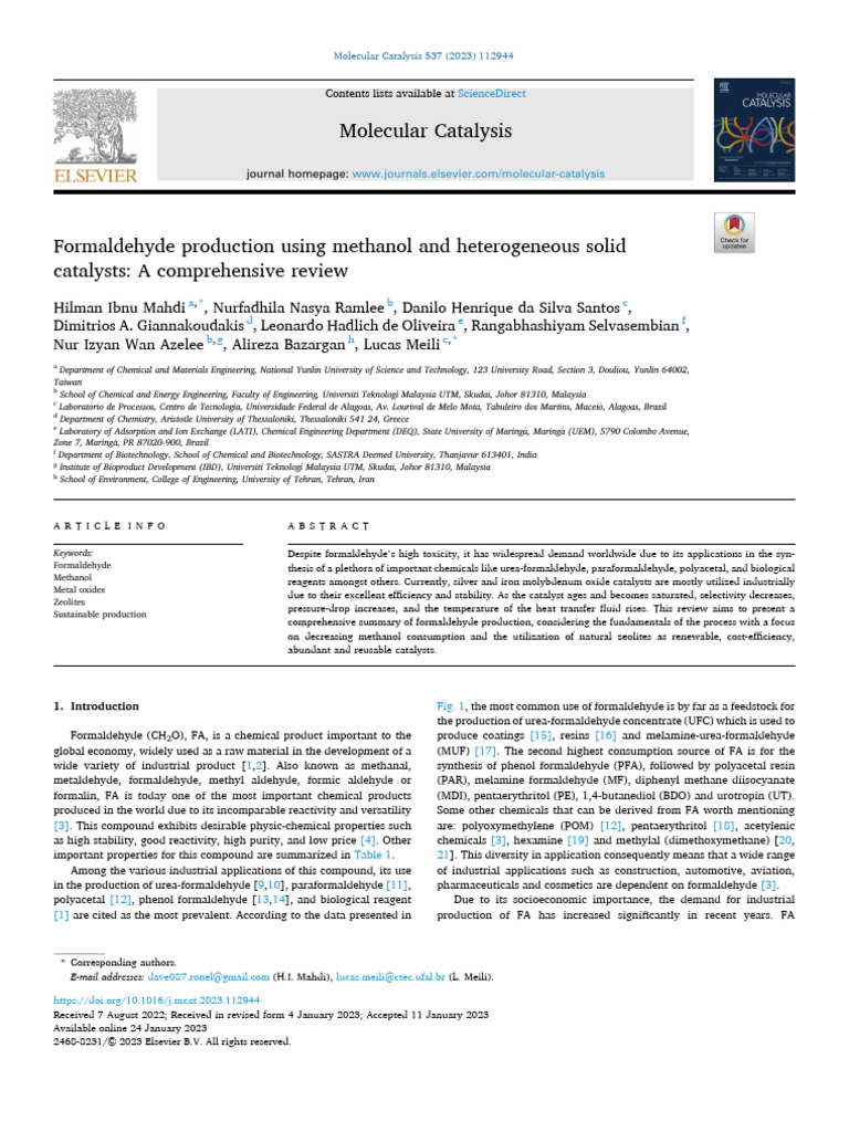 Formaldehyde Production via Methanol Catalysis | PDF | Catalysis ...