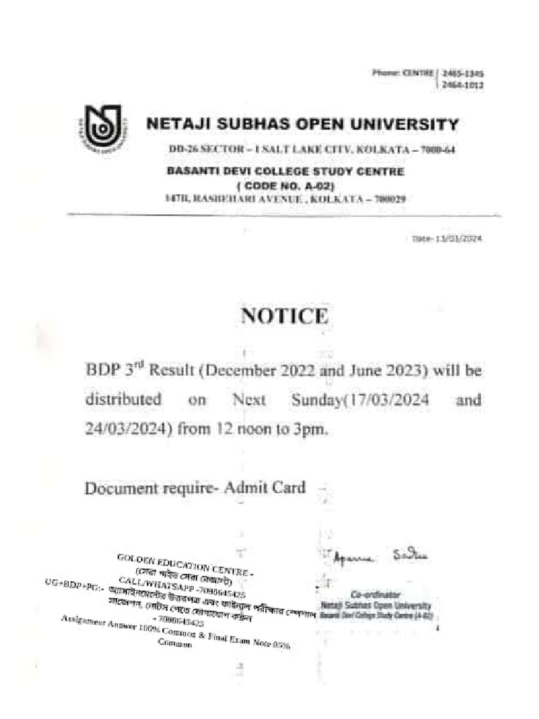 NSOU BDP Exam Result Notice 2024 | PDF