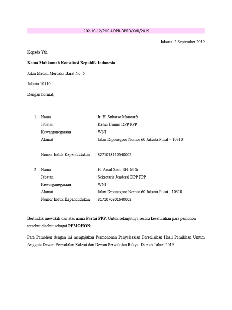 Permohonan PHPU DPRD Bekasi 2019 | PDF