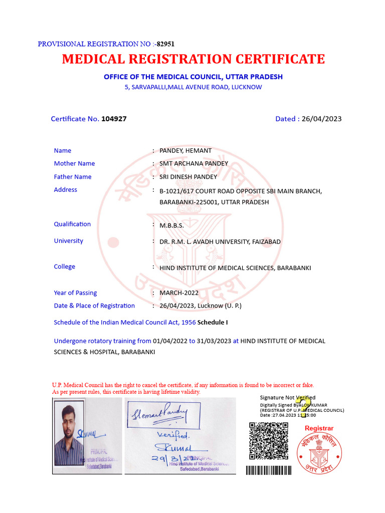 Medical Registration Certificate: Office of The Medical Council, Uttar Pradesh | PDF