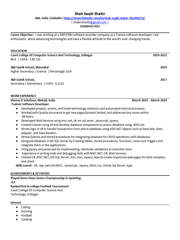 Trainee Software Developer Resume | PDF | Microsoft Sql Server | J Query