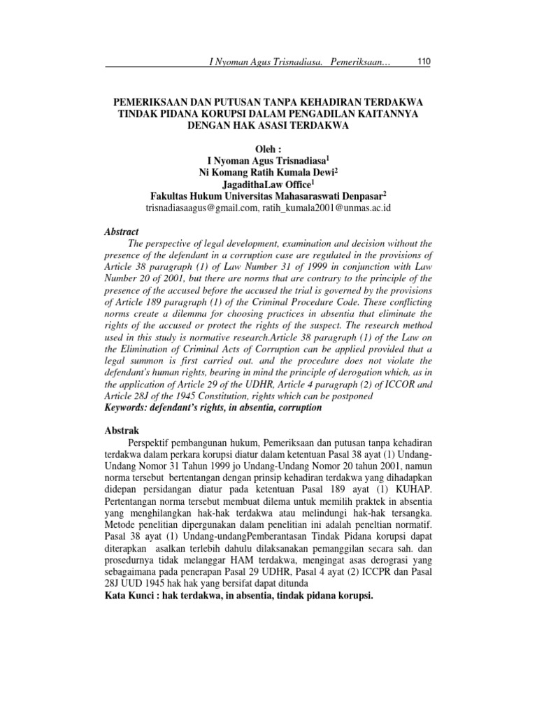 Pemeriksaan Dan Putusan Tanpa Kehadiran Terdakwa Tindak Pidana Korupsi Dalam Pengadilan ...