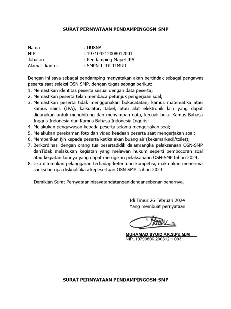 Surat Pernyataan Pendamping Osn SD | PDF
