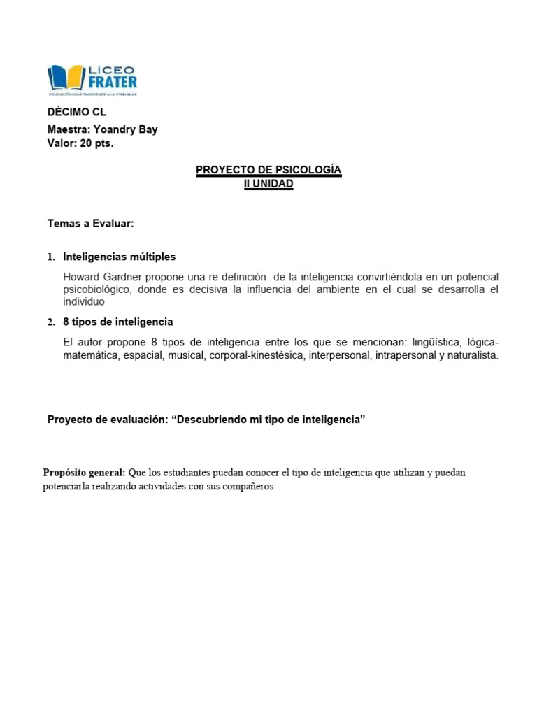Proyecto Psicología II Unidad 2024 | PDF | Inteligencia | Educación en ...
